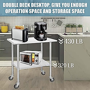 Hally Stainless Steel Table for Prep & Work 24 x 36 Inches with Caster Wheels, NSF Commercial Heavy Duty Table with Undershelf and Galvanized Legs for Restaurant, Home and Hotel