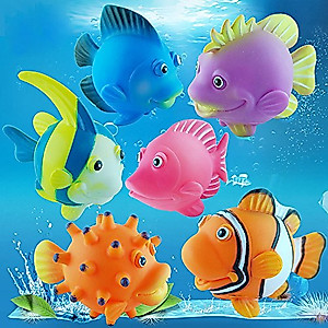 BOHS Rubber Squirting Fish - Cute Floating Cartoon Soft - Baby Bath Play Water Marine Animals Toys - 6 Count