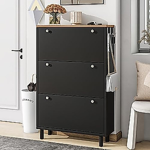 Goohome Narrow Design Shoe Cabinet with 3 Flip Drawers, Wood Grain Pattern Top Entryway Organizer with 3 Hooks, Free Standing Shoe Rack with Adjustable Panel, Modern Style Shoe Rack for Hallway
