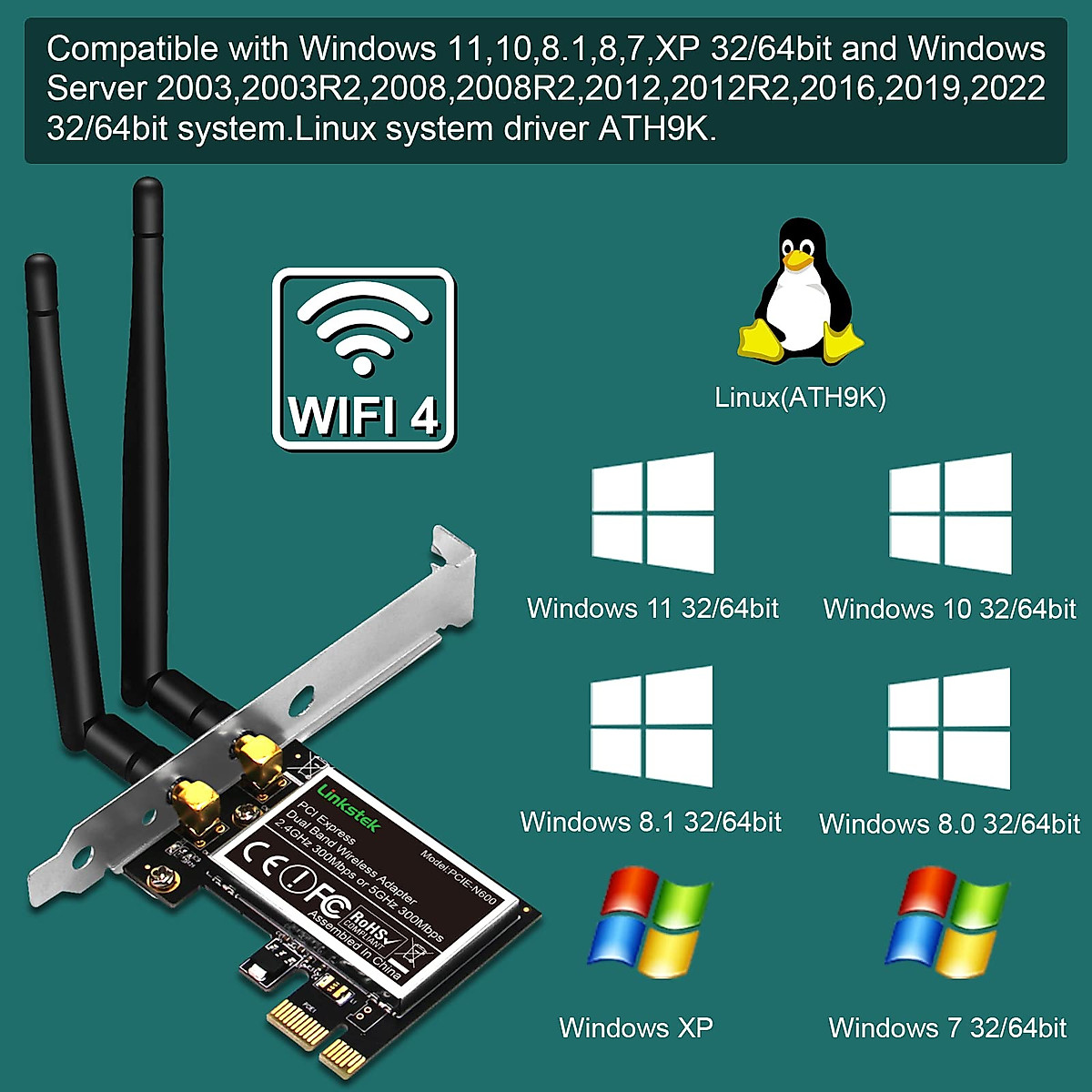 LinksTek Wireless N 600Mbps (2.4GHz 300Mbps and 5GHz 300Mbps) PCIE WiFi Adapter, PCIE WiFi Card, QUALCOMM Atheros AR946X Wireless Network Adapter for Windows 10 8.1 8 7 XP Desktop PCs (PCIE-N600)