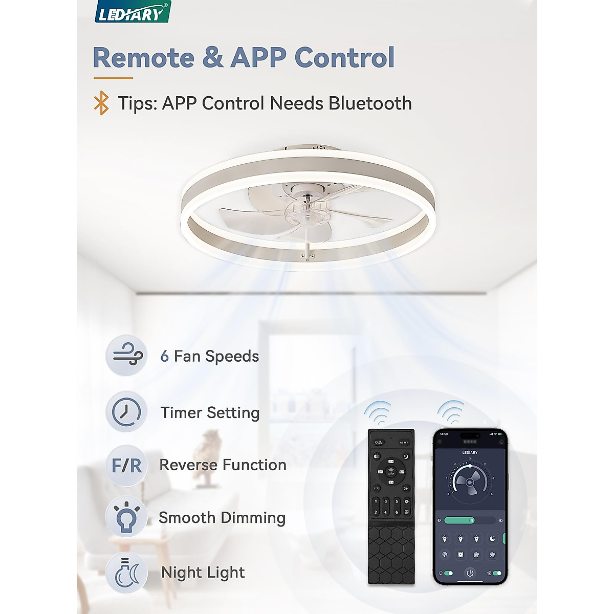 LEDIARY Low Profile Ceiling Fans with Lights, Flush Mount Modern Ceiling Fan and Remote Control, 19.7" LED Bladeless Ceiling Fans, Stepless Dimmable 3 Colors and 6 Speeds - White