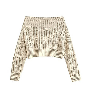 ZAFUL Women Off Shoulder Cable Knit Crop Tops Sweater Long Sleeve Cropped Pullover Sweaters Batwing Jumper
