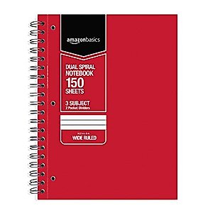 Amazon Basics Wide Ruled Wirebound 3-Subject 150-Sheet Notebook with Pocket Divider - Pack of 6, 10.5 x 8 Inch, Multi-Color