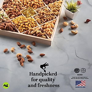 NUT CRAVINGS Gourmet Collection - Purim Mishloach Manot Mixed Nuts Gift Basket in Reusable Diamond Wooden Tray + Green Ribbon (12 Assortments) Arrangement Platter, Healthy Kosher Corporate