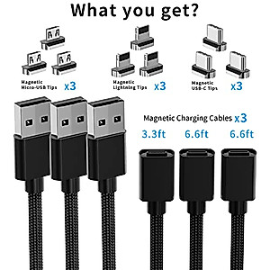 Magnetic Charging Cable 3A Fast Charging(3 Pack,3.3/6.6/6.6ft) 3 in 1 Magnetic Phone Charger Cable with LED Light, Nylon Braided Magnetic Cable, Data Transfer Cord for iProduct/USB-C/Micro-USB Device