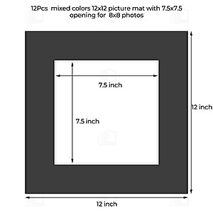 Frametory, 12x12 Black Pre-Cut Picture Mats for 8x8 Photos, Prints, Artworks - White Core Bevel Cut 7.5x7.5 Openings Acid Free Frame Mattes 1.4Mm Thickness - Pack of 12