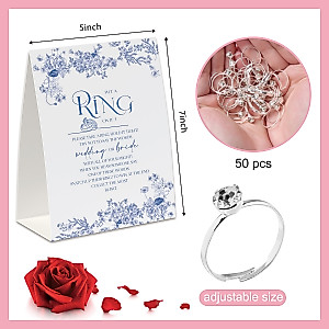 Put A Ring on It Game(50 Rings with One Sign), Don't Say Wedding or Bride Game, Fun Bridal Shower Game, Bridal Shower Decorations Blue Floral-JZDS05