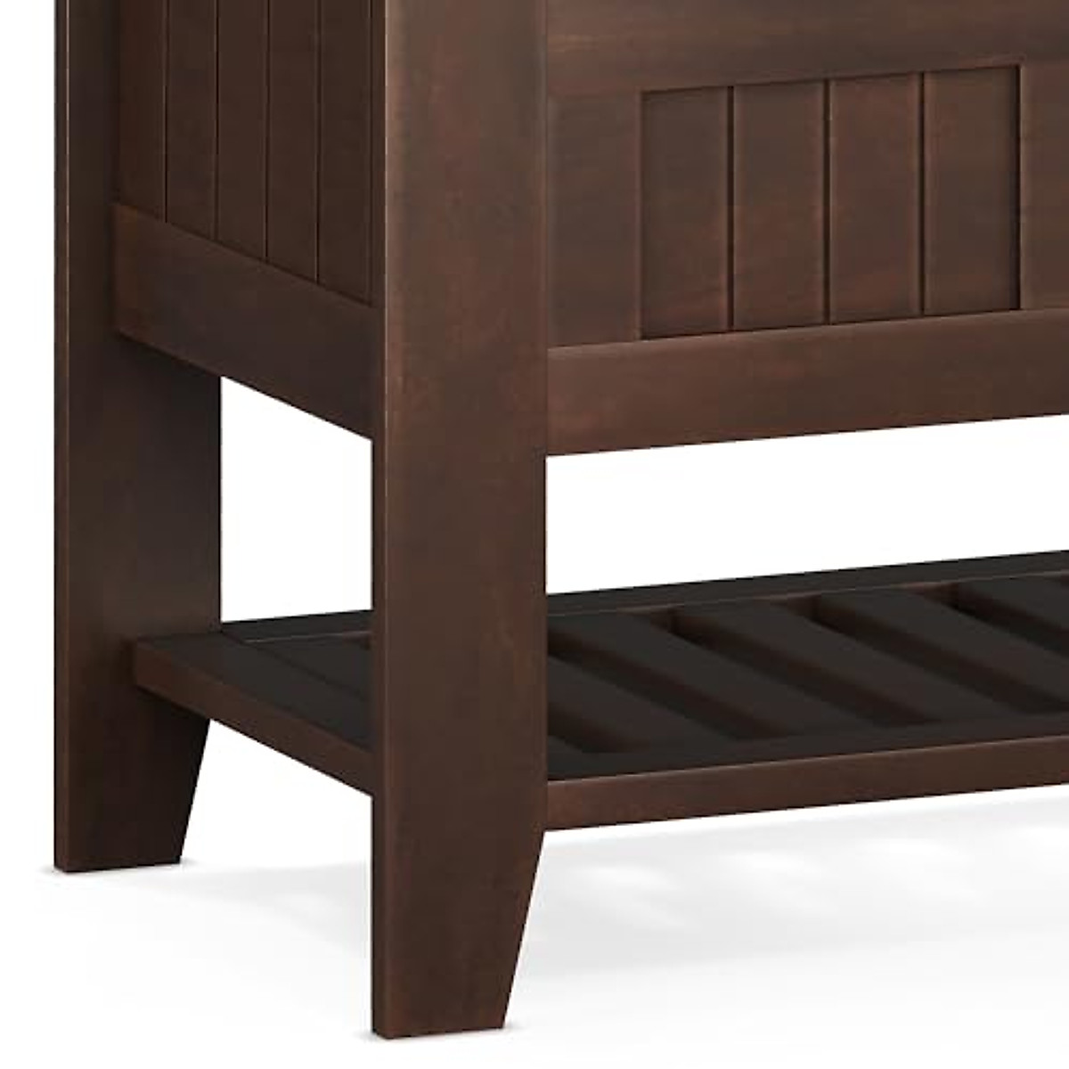 SIMPLIHOME Acadian Solid Wood 48 Inch Wide Transitional Entryway Storage Bench with Shelf in Brunette Brown, for The Living Room, Entryway and Family Room