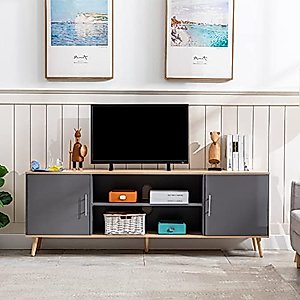 AUXSOUL Mid Century Modern TV Stand for 75 Inch TV, 70 Inch TV Stand with Storage, Entertainment Center for Living Room Bedroom, TV Media Console, Grey & Oak