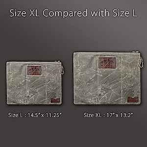 XL Water Resistant Zipper Document Holder, Fits Manila Folder, Rustic Extra Large Waxed Canvas Pouch Full Grain Leather, Inner Pockets, Carabiner, Hold Books, A4 Handouts, Travel Accessories. Olive.