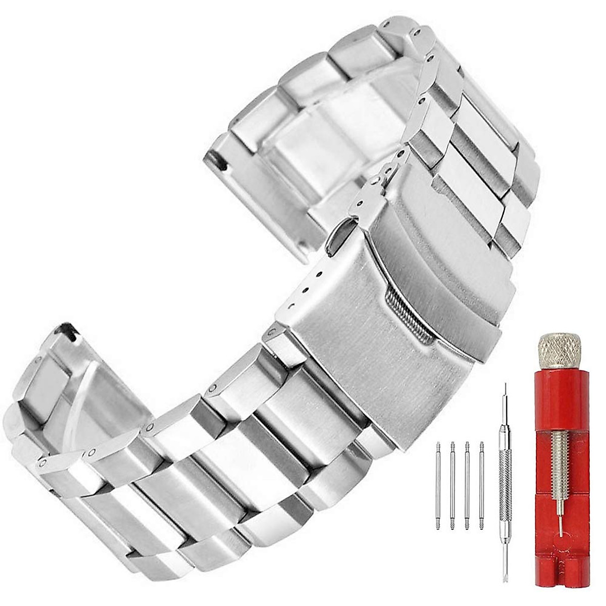 SINAIKE 20mm Silver Brushed Wristband Solid Stainless Steel Watch Band with Deployment Lock Buckle for Men Women
