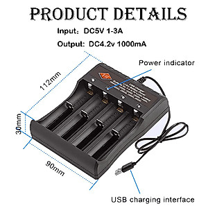 18650 Battery Charger 4 Bay Smart Universal USB Charger for 3.7V Rechargeable Lithium Li ion Batteries Compatible 18650 26650 21700 10400 14500 16340 16650 18500 Battery Charger（No Battery