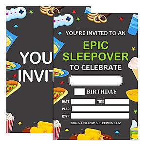 Sleepover Birthday Invitations for Boys with Envelopes, Invites for Birthday Party Video Game, Slumber Birthday Party Invitations Cards, You're Invited to an Epic Sleepover Party, 4"x6" Set of 20
