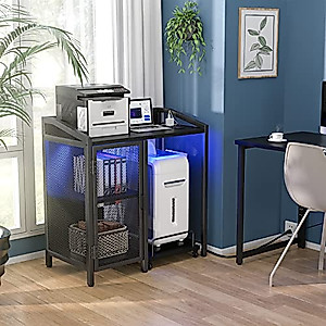Unikito Modern Printer Stand with Sockets and LED Light, File Cabinet with Shredder Stand On Slide Wheel, Large Printer Cabinet with Adjustable Storage Shelves and Mesh Door for Home Office, Black