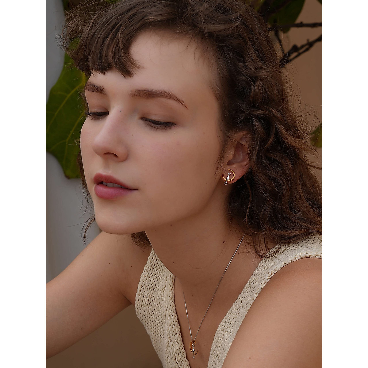 S.Leaf Cat Earrings Sterling Silver Earrings Cat Moon Earrings Cat Stuff for Cat Lovers Cat Lovers Cat Jewelry for Women Cat People Gifts for Women (silver and gold)