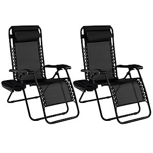 Goplus Zero Gravity Chair, Adjustable Folding Reclining Lounge Chair with Pillow and Cup Holder, Patio Lawn Recliner for Outdoor Indoor Pool Camp Yard (Set of 2, Black)