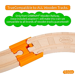 ORBRIUM Lift and Load Wooden Train Set with Magnetic Crane, Magnetic Helicopter, Large Diesel Engine, Semi-Truck, Shipping Container Flat Car Compatible with Thomas, Brio, Chuggington, Melissa & Doug
