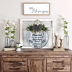 Sokomurg Baby Sleeping Sign for Front Door 11Inch Please Don't Ring The Doorbell Baby Is Sleeping Packages Can Be Left On Doorstep Thank You Round Wooden Door Hanger for Baby Room Nursery Front Door Door Knob Decor