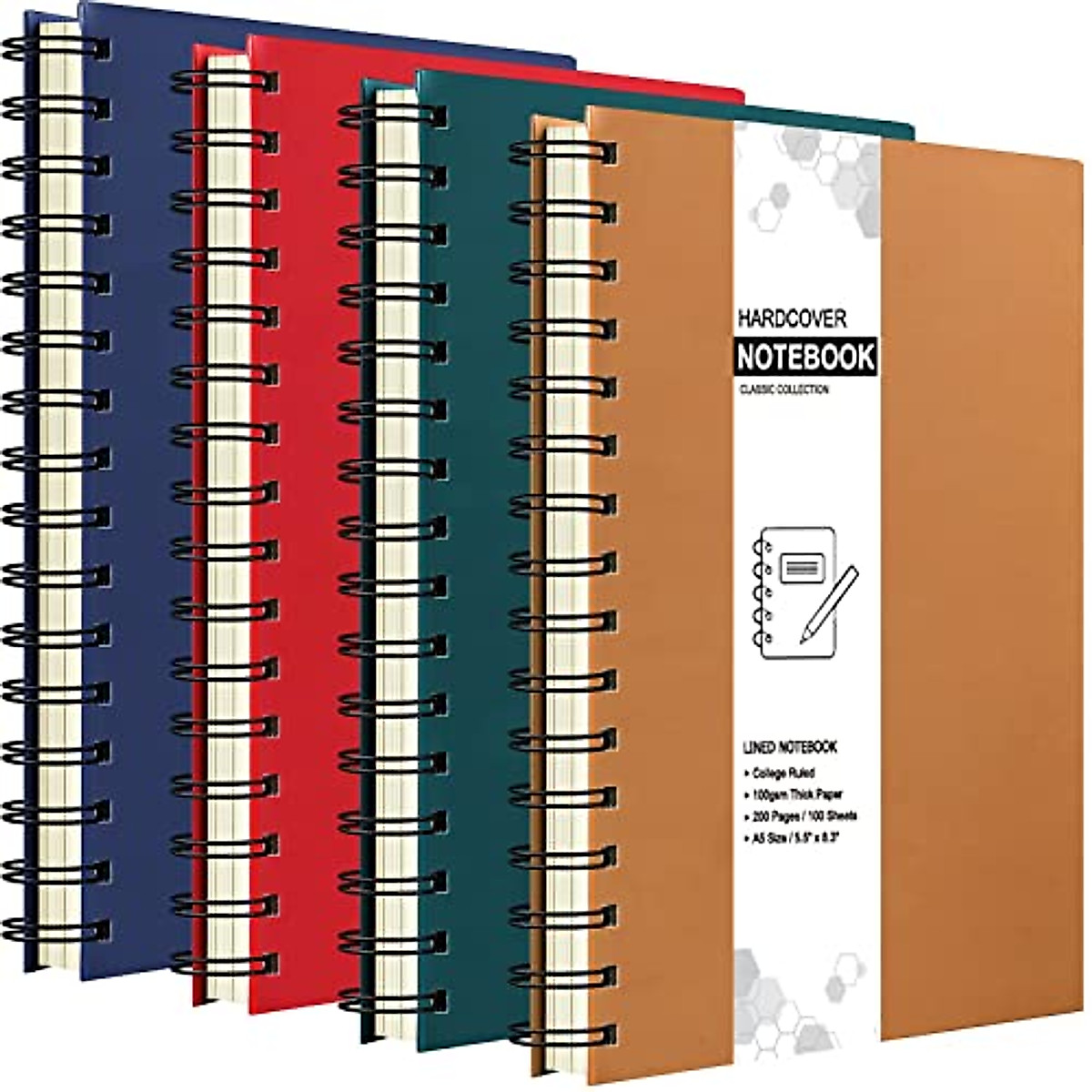 Zealor 4 Pack Hardcover Spiral Notebook College Ruled Notebooks Subject Notebook A5 Size 5.5"x 8.3" for Office and School Supplies (Red, Kraft, Green, Blue)