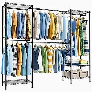 HEMTEN K1 Heavy Duty Clothes Rack Closet, 5 Tiers Adjustable Metal Freestanding Expandable Clothing Storage with 5 Hanger Rods, Easy to Assemble Wardrobe, 78" H x (69.7" - 90") L x 15.7" D, Black