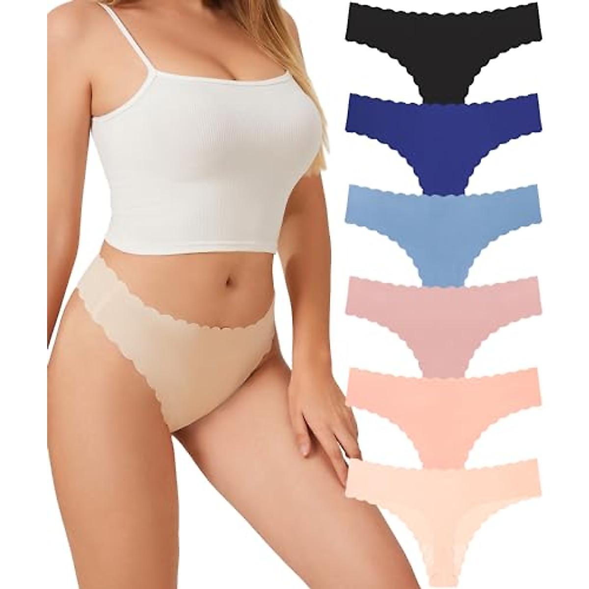 Fyndoria Thongs for Women 6 Pack, Seamless Thong Underwear for Womens No Show, Stretch Comfort Breathable Low Rise Sexy Panties Large