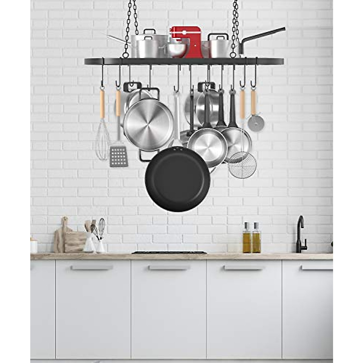 X Home 32-Inch Hanging Pot Racks for Kitchen Ceiling with 10 Removable Hooks, for Kitchen Storage & Organization, Ceiling Mounted, Black