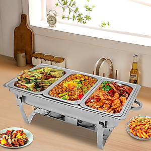 LOHISHILO Stainless Steel Chafing Dish with 3 Food Pans Catering Buffet Warmer Tray Party Foldable Frame Buffet Set, for Party, Restaurants, Hotels, Schools, Offices, Food Trucks,Cafeterias(Silver)