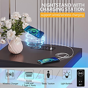 dnbss Nightstand with Wired/Wireless Charging Station, Auto LED Lighting Bedside Tables with Drawers, Night Stand with 3-Color Lights & Adjustable Brightness for Bedroom (Black)
