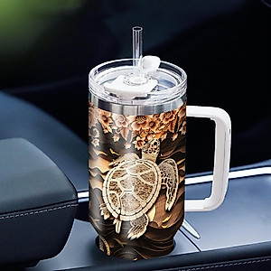 WAZONE Personalized Turtle 40oz Tumbler with Handle and Straw Lid Customized Animal Wooden Drawings Tumblers Stainless Steel Insulated Coffee Travel Mug Custom Gifts for Turtles Lover Men Women