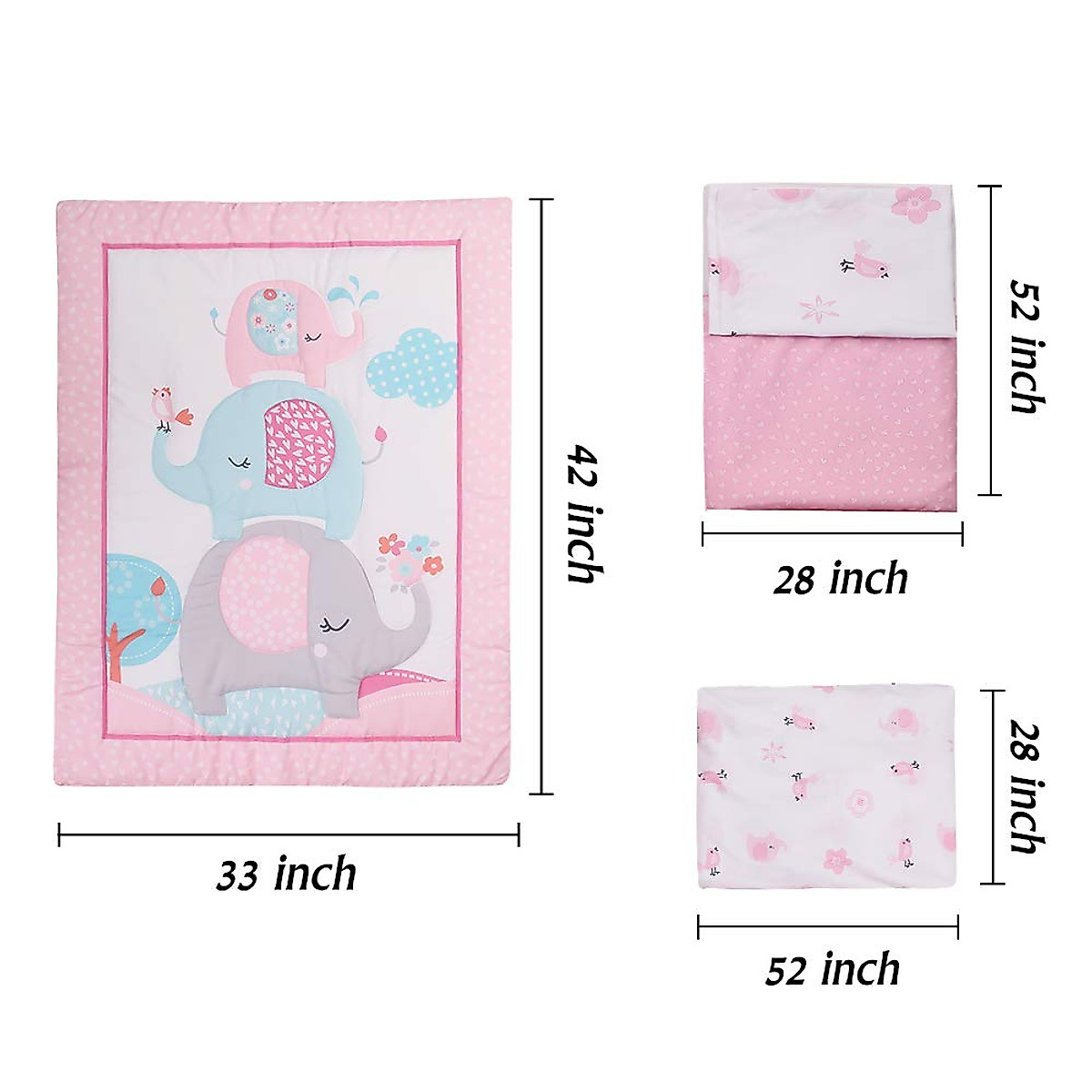 Pink Elephant Baby Crib Bedding Set 3 Pieces Baby Nursery Bedding Sets for Girls with Baby Comforter,Crib Fitted Sheet, Crib Skirt