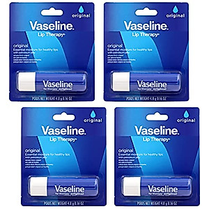 Vaseline Lip Therapy Care Original, Fast-Acting Nourishment, Ideal for Chapped, Dry, Cracked, or Damaged Lips, Lip Balm, 0.16 Ounce (Pack of 4)