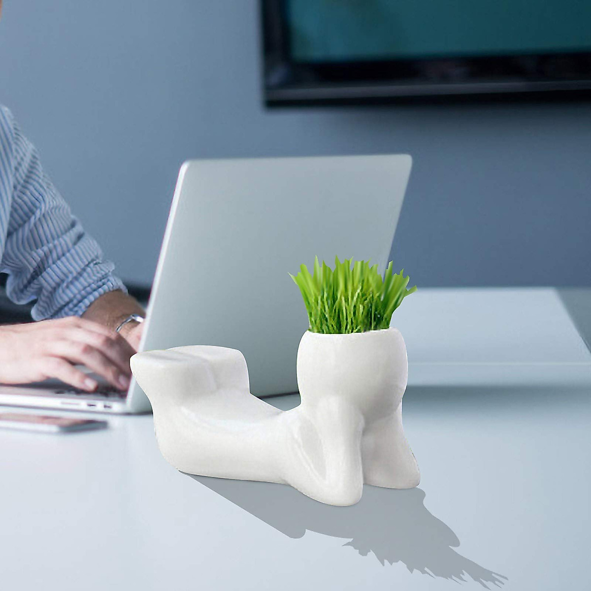 Lincox Mini Bonsai Head Grass Doll Hair White Ceramic Plant Garden, Tree Doll Grass Pot, Ceramic Air Head People Planters Air Plant Holders Table Top Display Planters for Mini Plants Garden Decor (C)