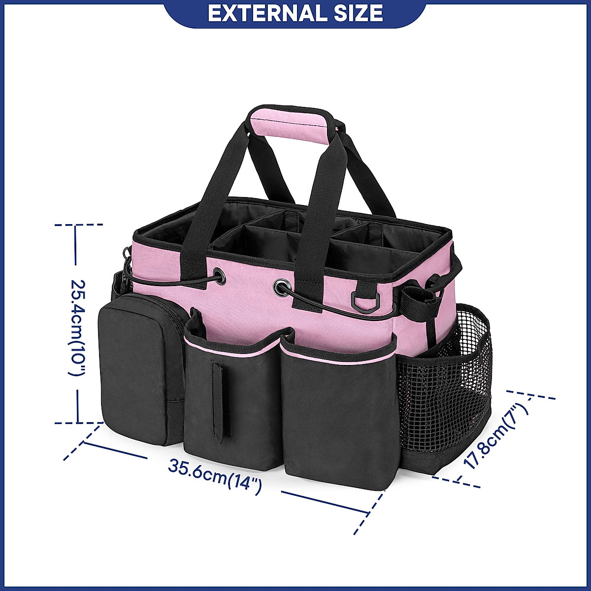 LoDrid Large Professional Cleaning Caddy with Detachable Divider, Supply Organizer with Handle and Shoulder Strap, Cleaning Bags for Housekeepers & Cleaners, Pink