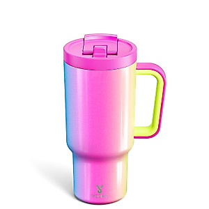 Meoky 32 oz Tumbler with Handle and Flip Straw, 100% Leakproof Tumbler with Lid and Straw, Stainless Steel Insulated Cup, Cupholder Friendly, Keeps Cold for 24 Hours (Carnival)