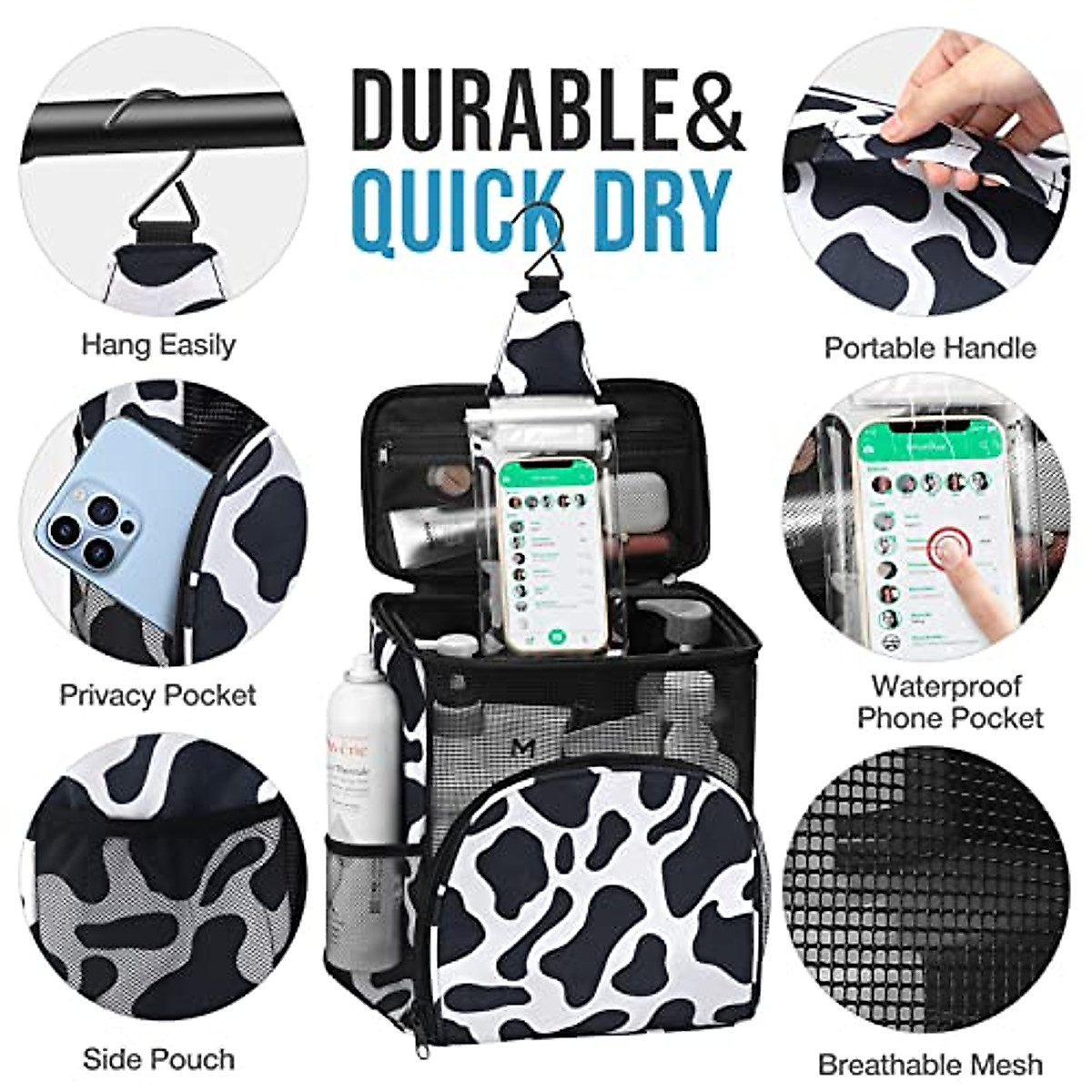 BINSUNS Portable Shower Caddy, Hanging Toiletry Bag with Phone Pocket, Travel Shower Caddy Organizer College Essentials - College, Dorms, Gym, Camp, Bath(Cow)