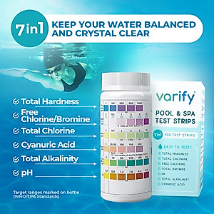 Varify Premium Pool and Spa Test Strips - 7 in 1 Testing Strip for Pools, Spa, Hot Tub & More - Water Quality Testing Kit for Hardness, Chlorine, Bromine, pH, Alkalinity & Cyanuric Acid (100 Strips)
