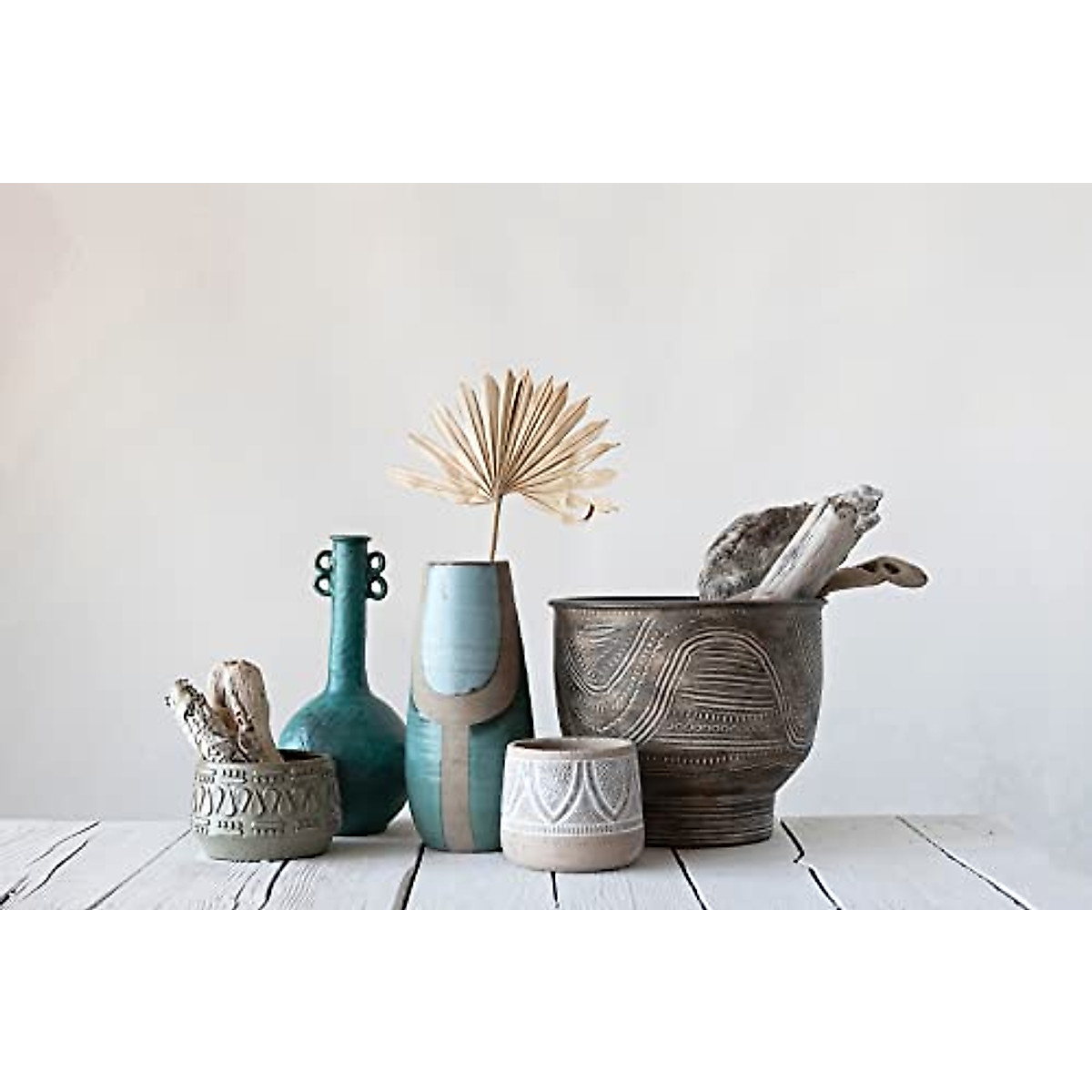 Creative Co-Op Embossed Terracotta Planter with Whitewash Finish (Holds 5" Pot