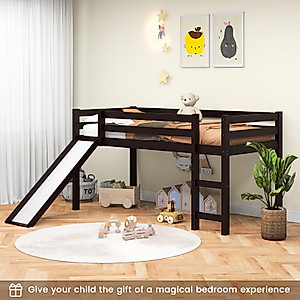 NAFORT Twin Loft Bed with Slide, Low Loft Bed with Stairs, Solid Wood Twin Loft Bed Frame for Girls Boys with Climbing Ladders Guard Rails and Slat Support (Espresso)