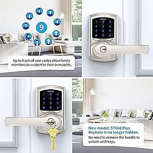 Signstek Keyless Entry Door Lock,Digital Smart Door Lock for Front Door,Keypad Door Lock with Handle and Security Key,Touchscreen,Easy Installation,Satin Nickel