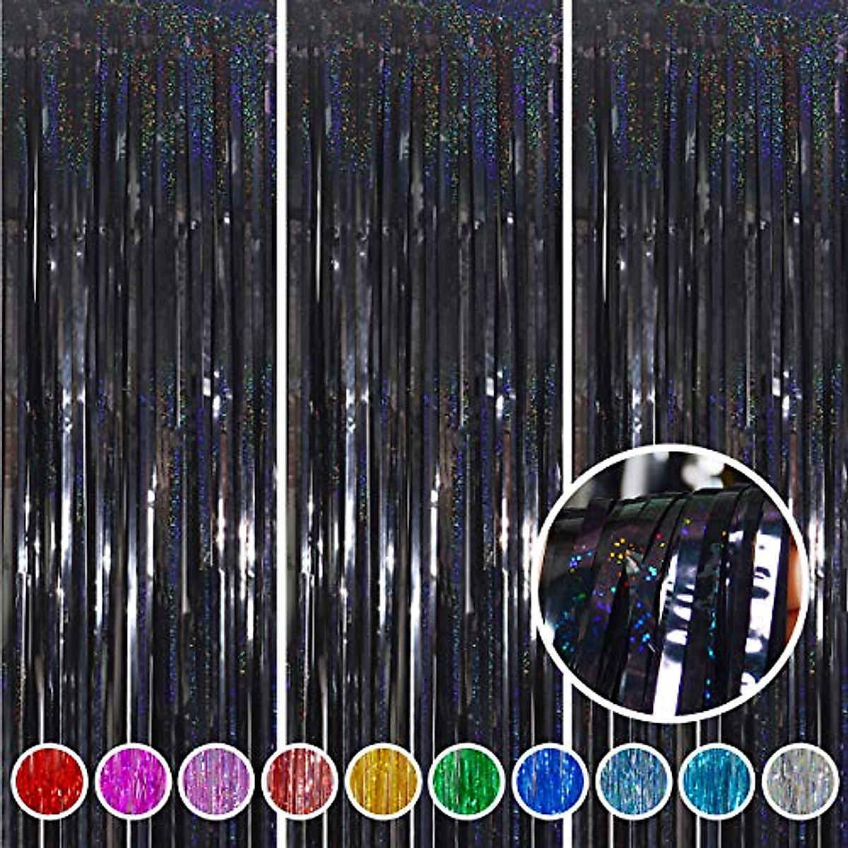Foil Fringe Curtains Party Decorations - Melsan 3 Pack 3.2 x 8.2 ft Tinsel Curtain Party Photo Backdrop for Birthday Party Baby Shower or Graduation Decorations Black