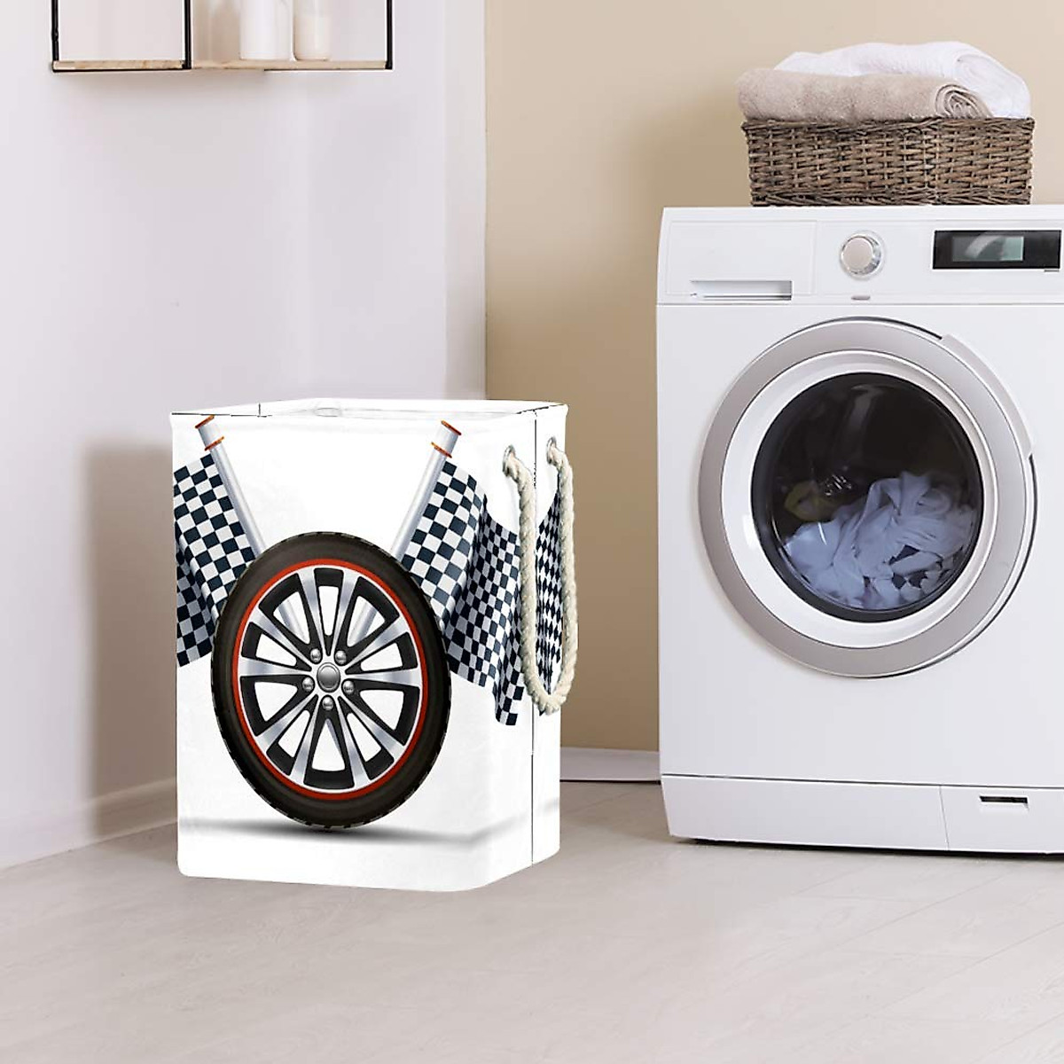 Large Foldable Waterproof Storage Baskets Collapsible Organizer with Carrying Handles for Nursery, Home Closet, Toys, Towels, Laundry - Checkered Racing Flag And Wheel