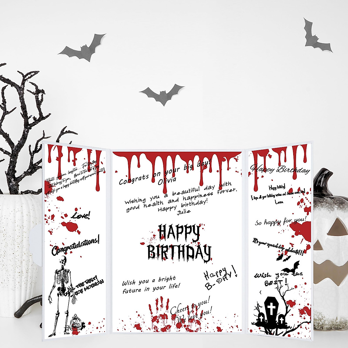 DARUNAXY Halloween Birthday Party Decorations, Red Halloween Happy Birthday Alternative Signature Guest Book Birthday Gifts on Halloween Skull Ghost Birthday Signing Card Party Supply Day of The Dead