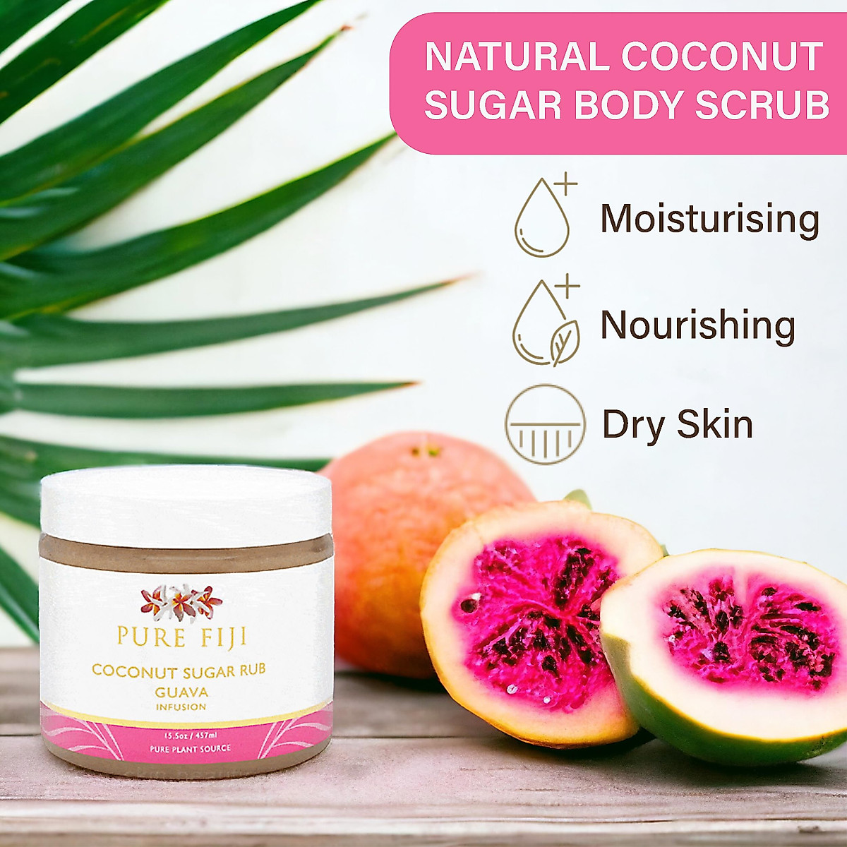 Pure Fiji Coconut Sugar Body Scrub - Body Exfoliator Scrub Natural Origin for Smooths and Softens Skin - Organic Exfoliating Sugar Scrub for Body, Guava, 15.5 Oz