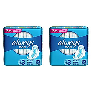Always Maxi Feminine Pads for Women, Size 3 Extra Long Super Absorbency, with Wings, Unscented, 33 Count (Pack of 2)