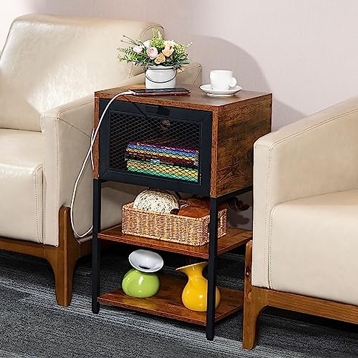 LEBOAHOUS Nightstand with Charging Station and USB Port, 3 Tier Industrial Night Stand, Bedside Table with Flip Storage Drawer and Open Shelf, End Side Table for Bedroom, Office, Dorm 26.2''H (Brown)