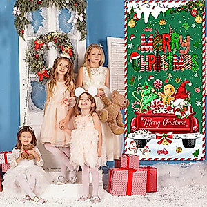 Christmas Red Truck Door Cover Decorations with Gnome Gingerbread Christmas Tree and Peppermint Candy for Front Door Xmas Winter Holiday Party Supplies Backdrop Door Decorations
