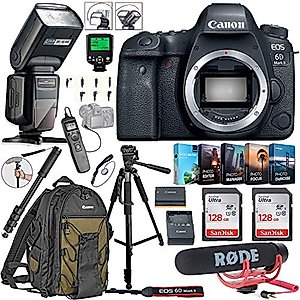 Canon EOS 6D Mark II DSLR Camera (Body Only) Bundle Includes 2X 128GB Memory, TTL Auto Flash, Canon Backpack, Rode Microphone, Time Remote with LCD, Photo/Video Software Package & More (Renewed)