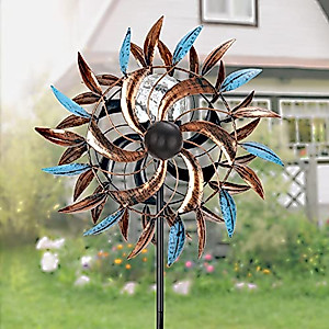 Solar Wind Spinners, Solar Wind Spinner with Metal Garden Stake, Solar Powered Glass Ball Garden Pinwheels, with Kinetic Wind Spinner Dual Direction for Yard and Garden