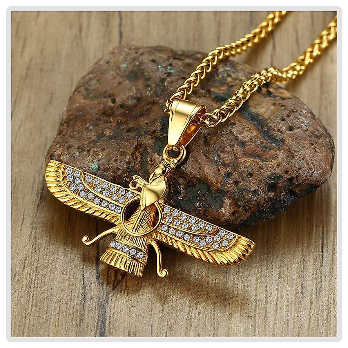 Mgutillart 18K Gold Plated Jewelry Stainless Steel Crystal Necklace Farvahar Symbol Tag Pendant Necklace