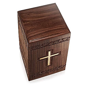 Reminded Rosewood Hand-Carved Urn Box with Solid Brass Cross - Cremation Memorial with Velvet Bag